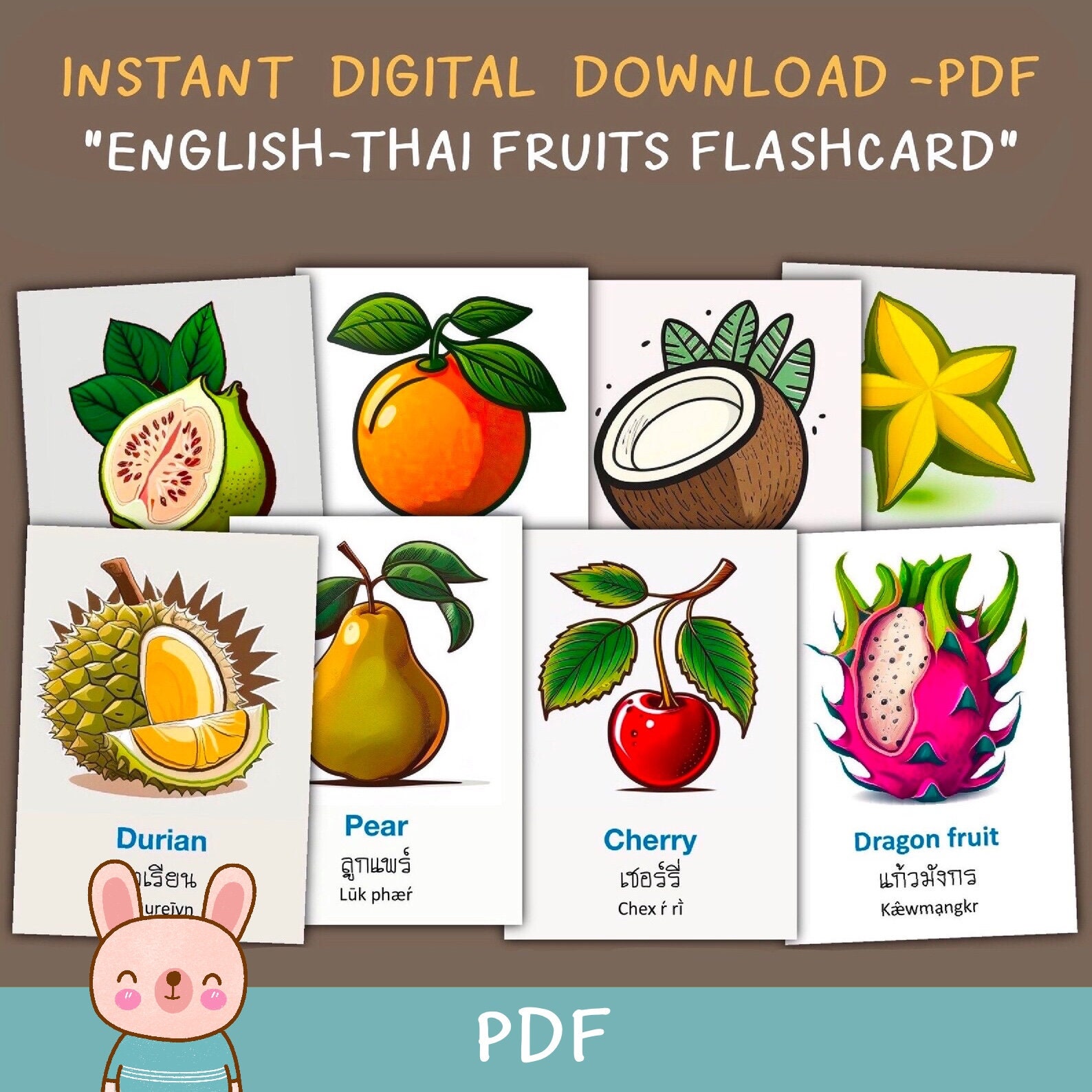 32 English-thai Fruits Flashcards, Learning Thai, Flashcards Pdf ...