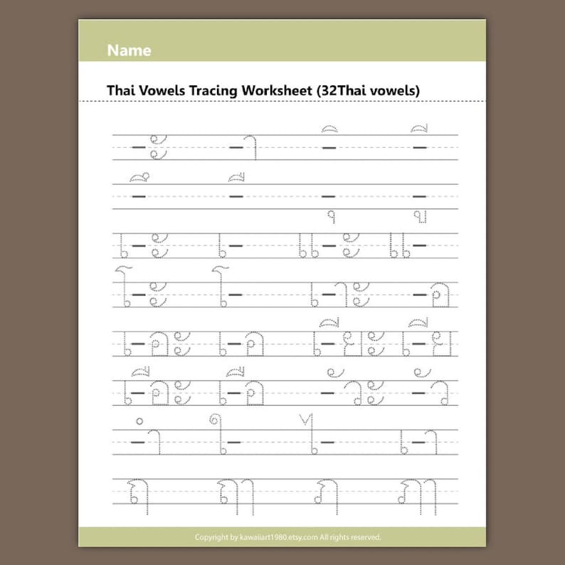 Thai Alphabets & Vowels Tracing Worksheet, Printable PDF, Instant ...