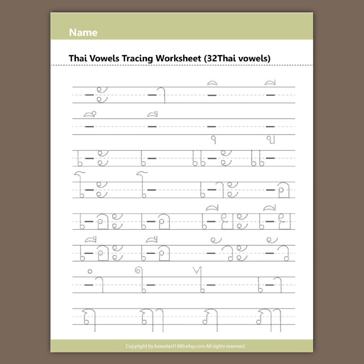 Thai Alphabets & Vowels Tracing Worksheet, Printable PDF, Instant ...