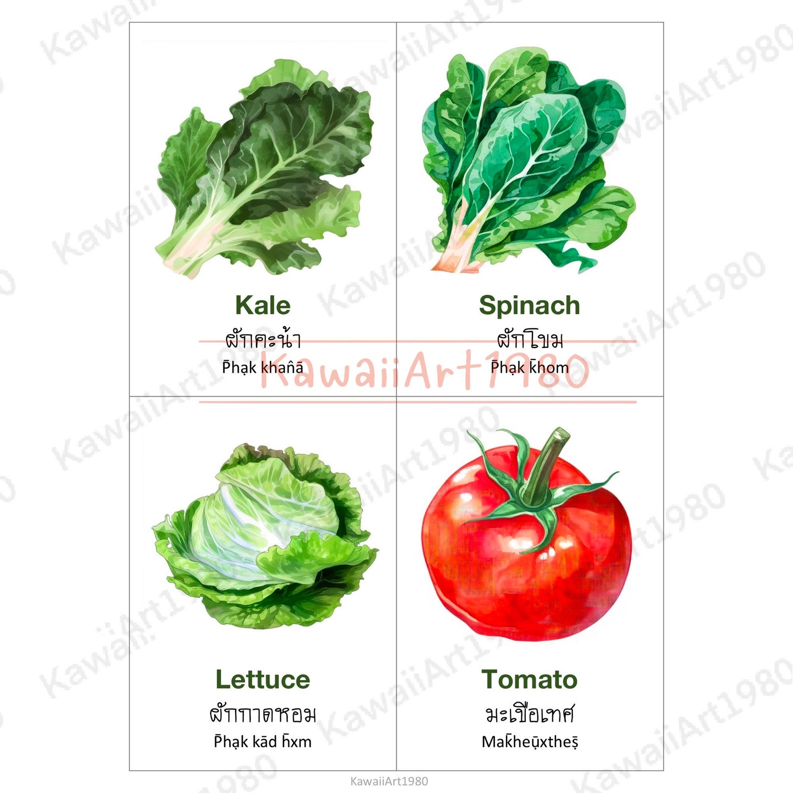 32 English-thai Vegetables Flashcard, Learning Thai, Montessori ...