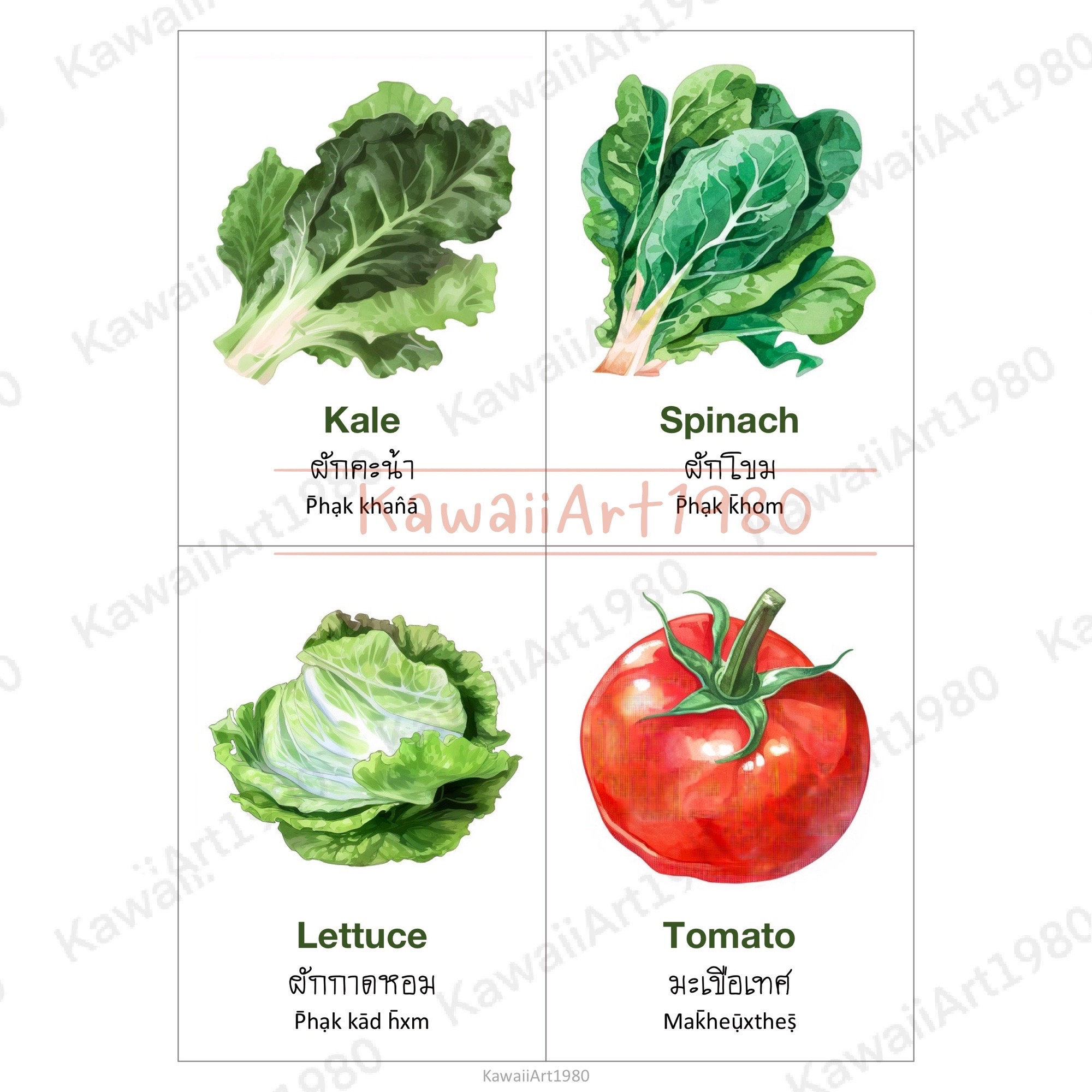 32 English-thai Vegetables Flashcard, Learning Thai, Montessori ...