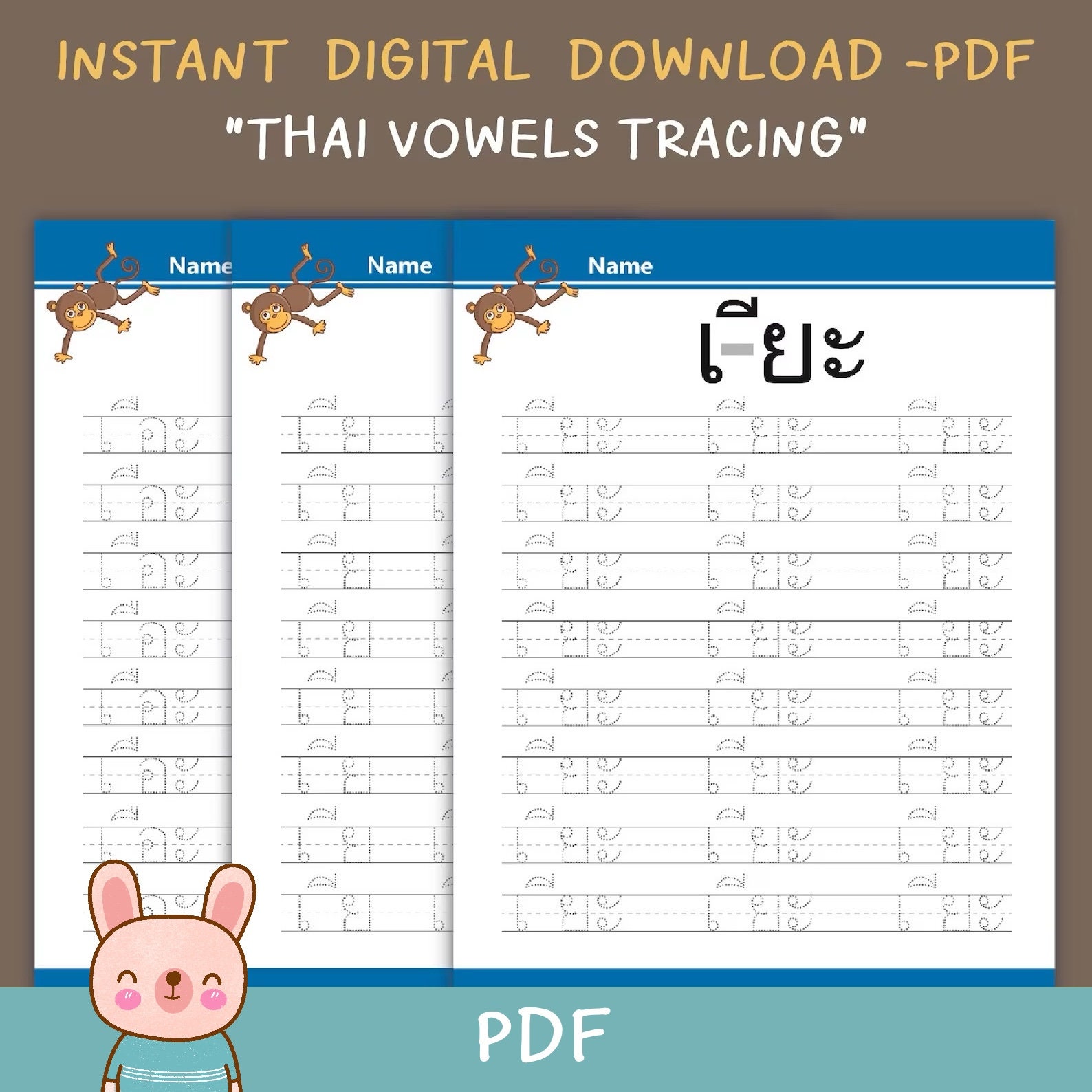Thai Vowels Tracing Worksheet, Learning Thai, for Kids, Printable PDF ...
