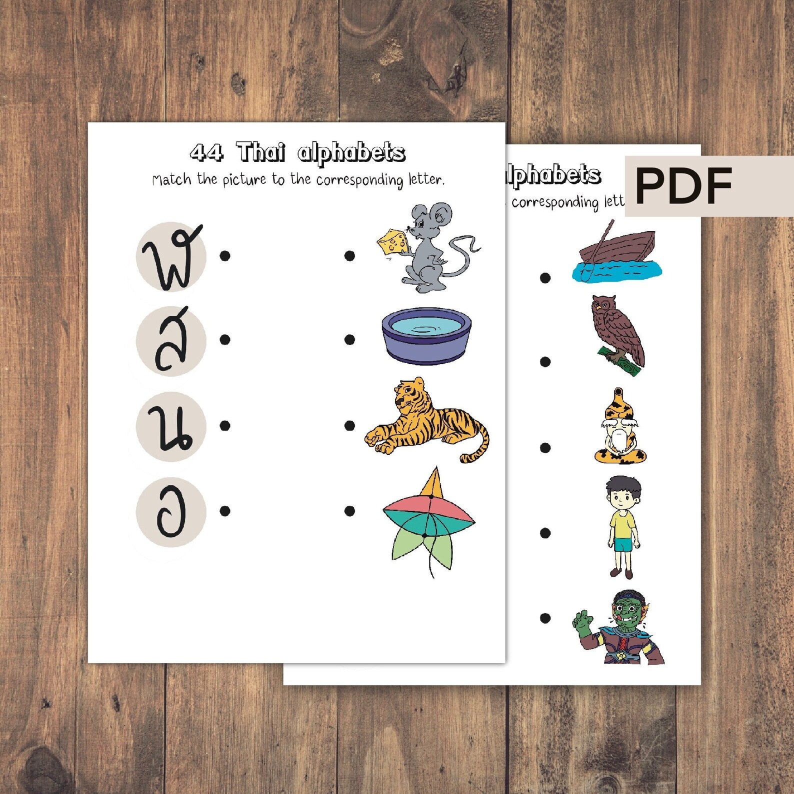 Thai Alphabet, Picture Matching to Letter, Game Worksheet, 44 Alphabets ...