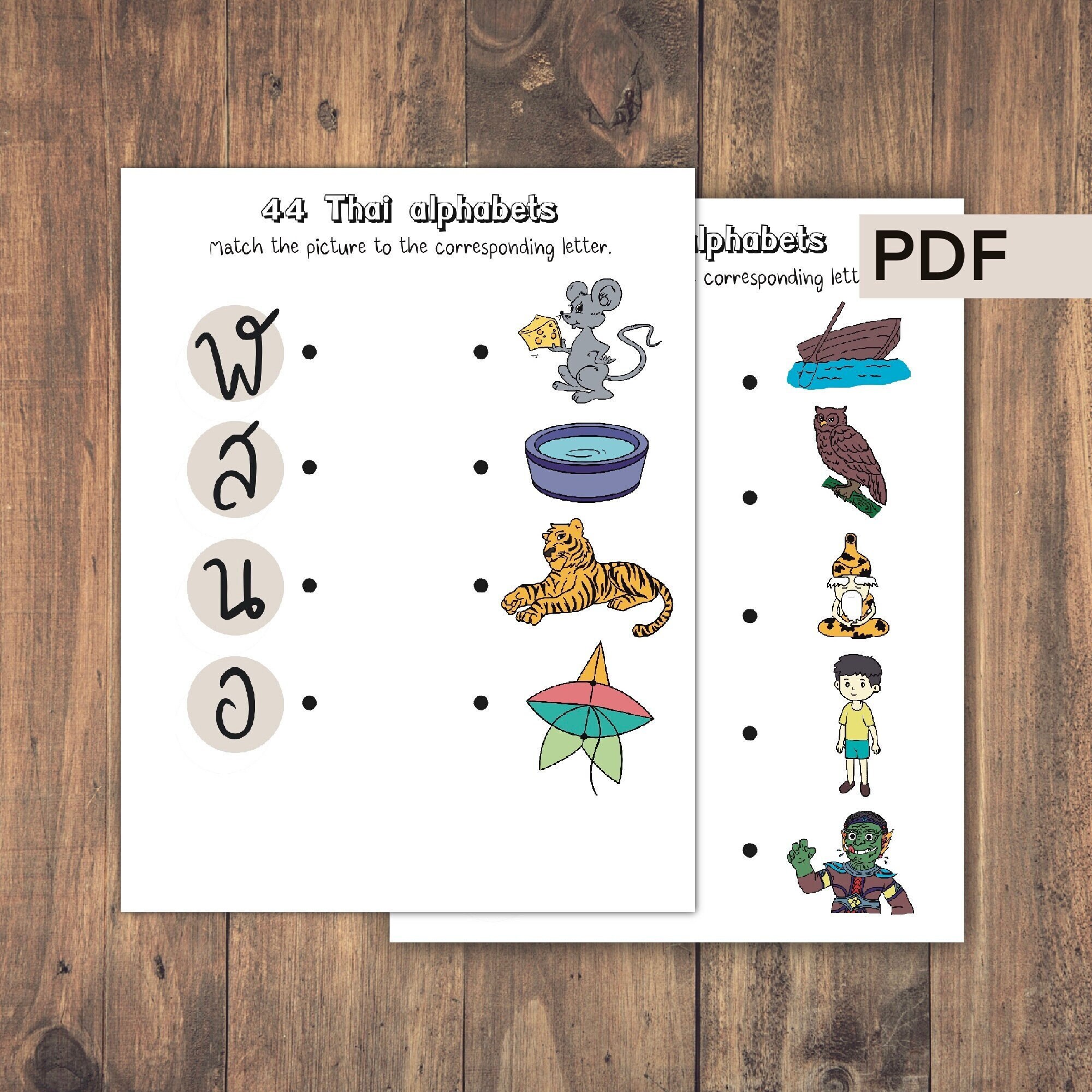 Thai Alphabet, Picture Matching to Letter, Game Worksheet, 44 Alphabets ...