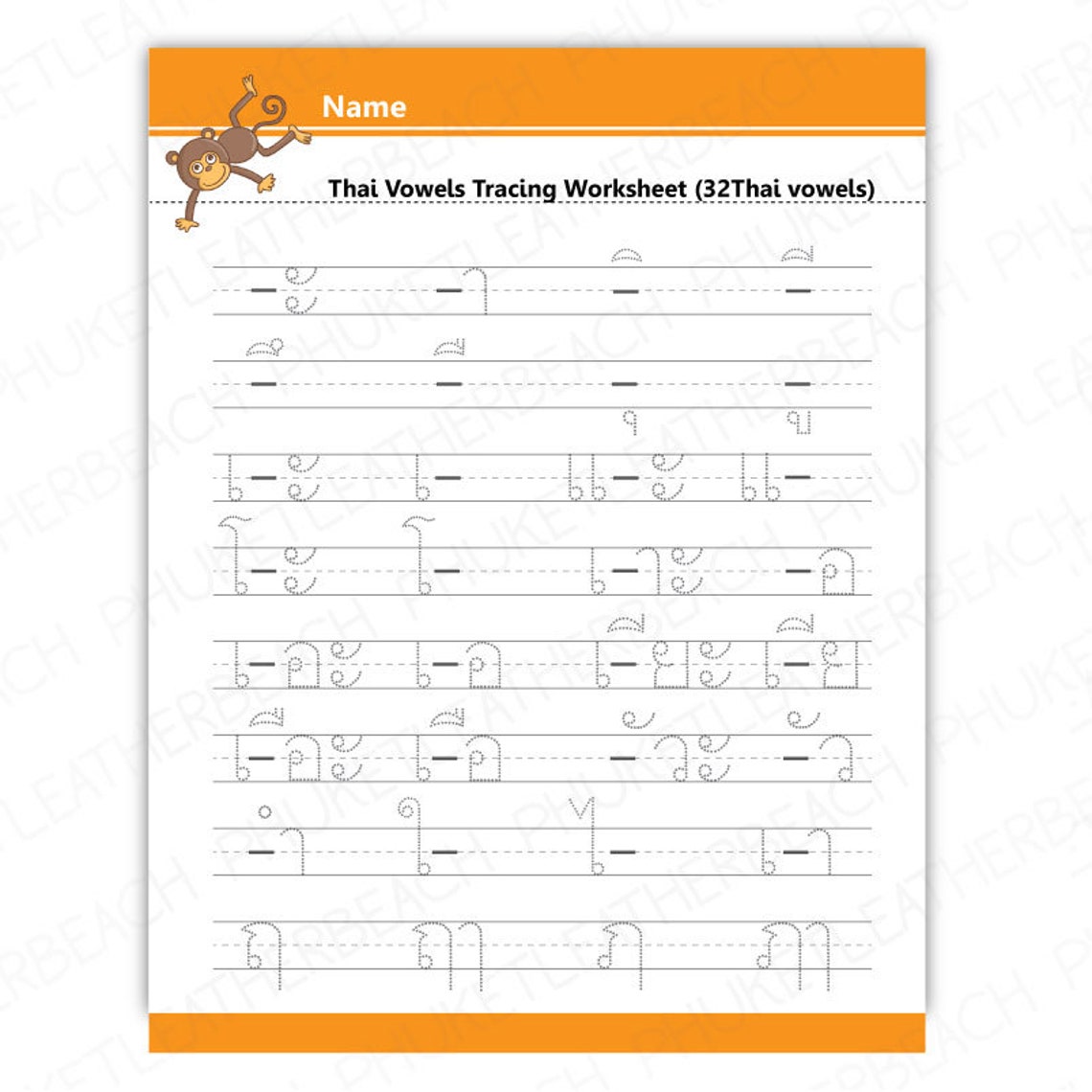 Thai Vowels Tracing Worksheet, Thai Learning, Printable PDF, Instant ...