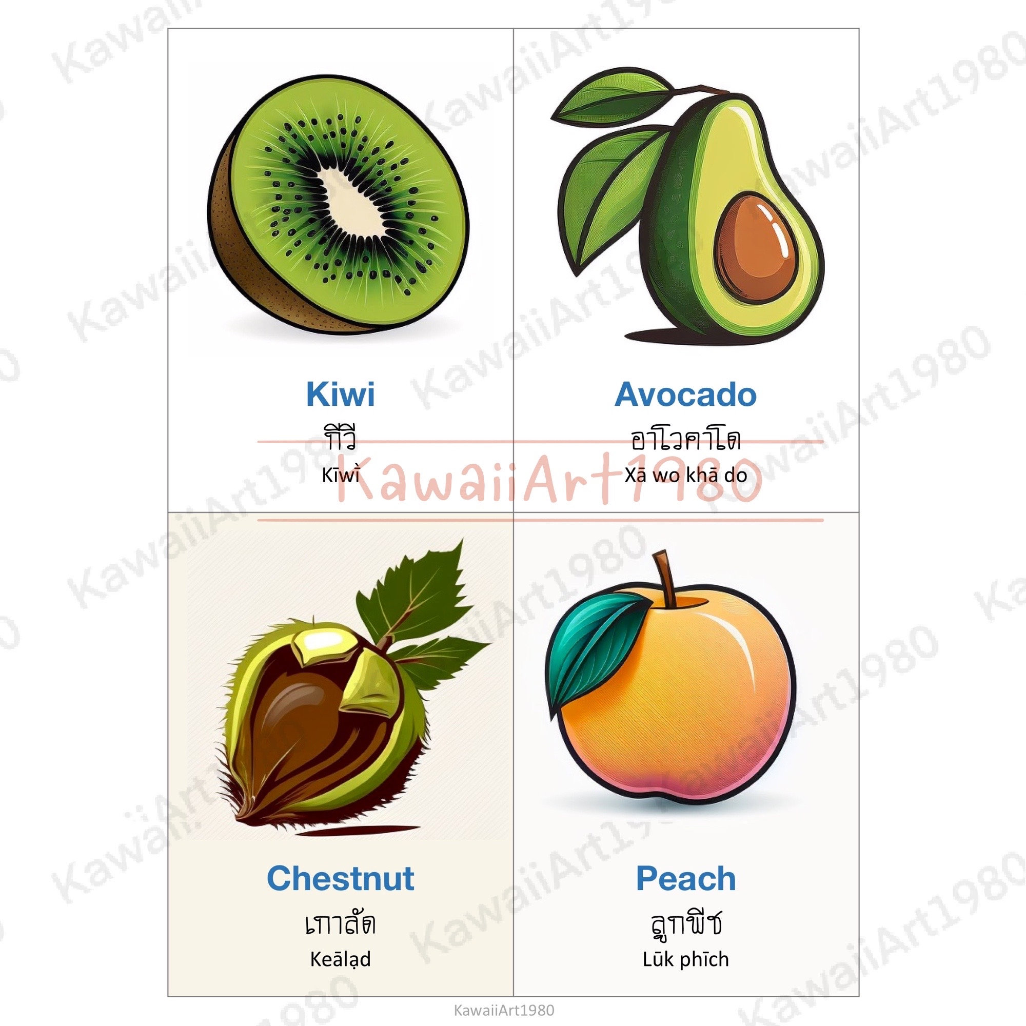 32 English-thai Fruits Flashcards, Learning Thai, Flashcards Pdf ...