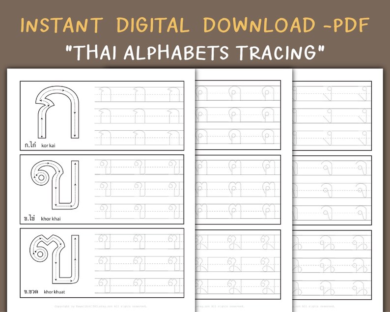 Thai Alphabets Tracing Worksheet, for Teacher, Printable PDF, Instant ...
