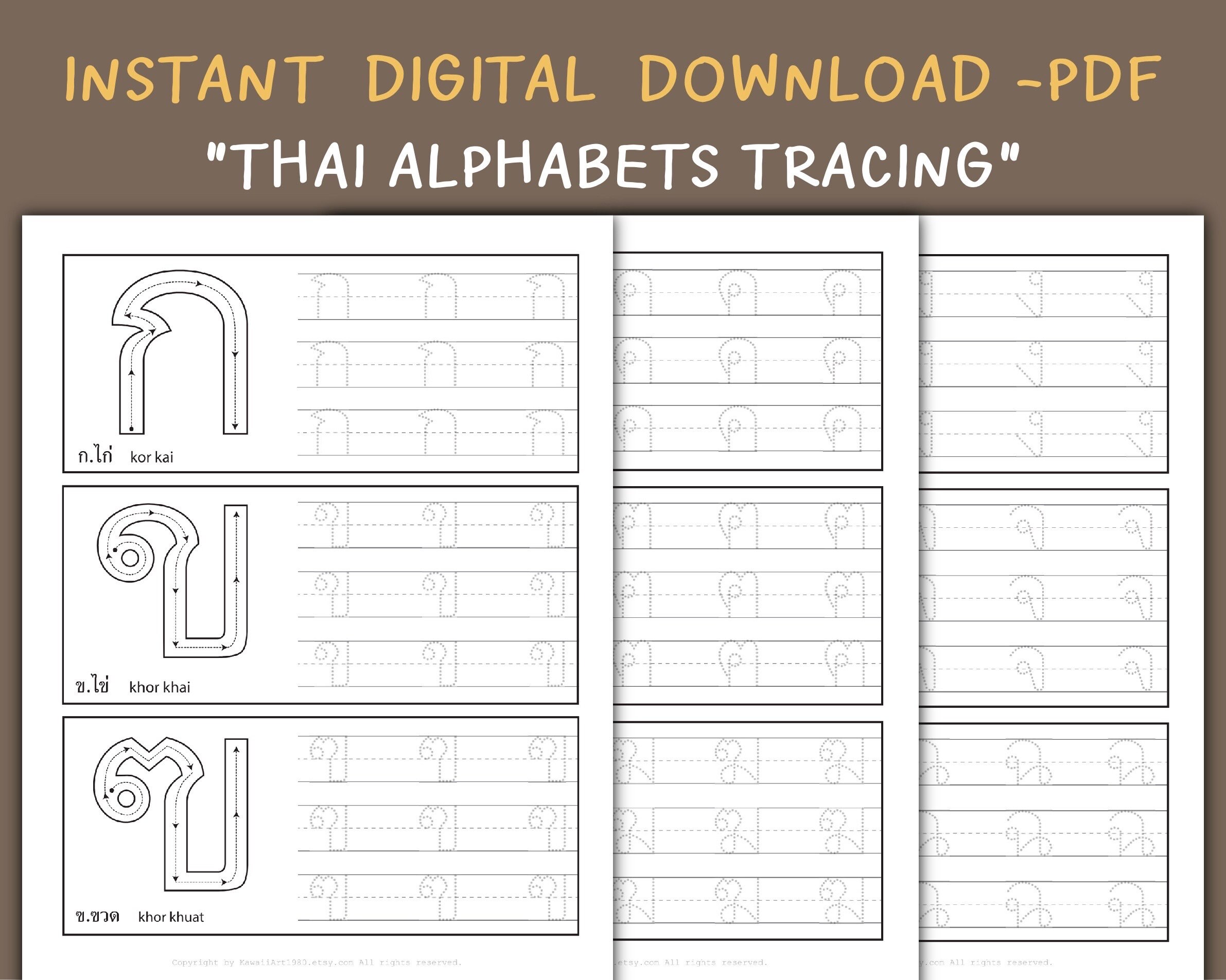 Thai Alphabets Tracing Worksheet, for Teacher, Printable PDF, Instant ...