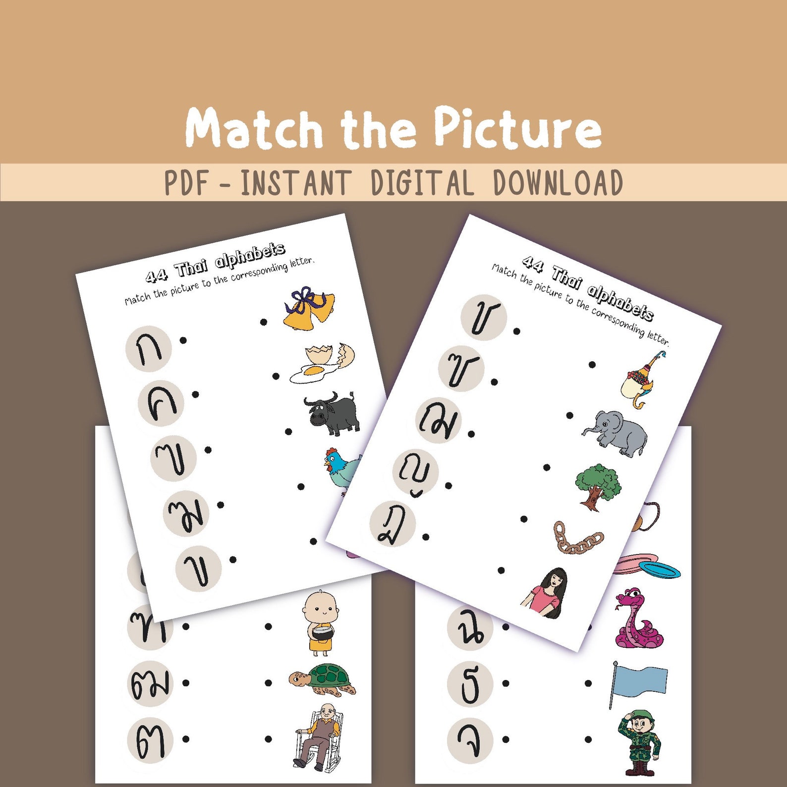 Thai Alphabet, Picture Matching to Letter, Game Worksheet, 44 Alphabets ...