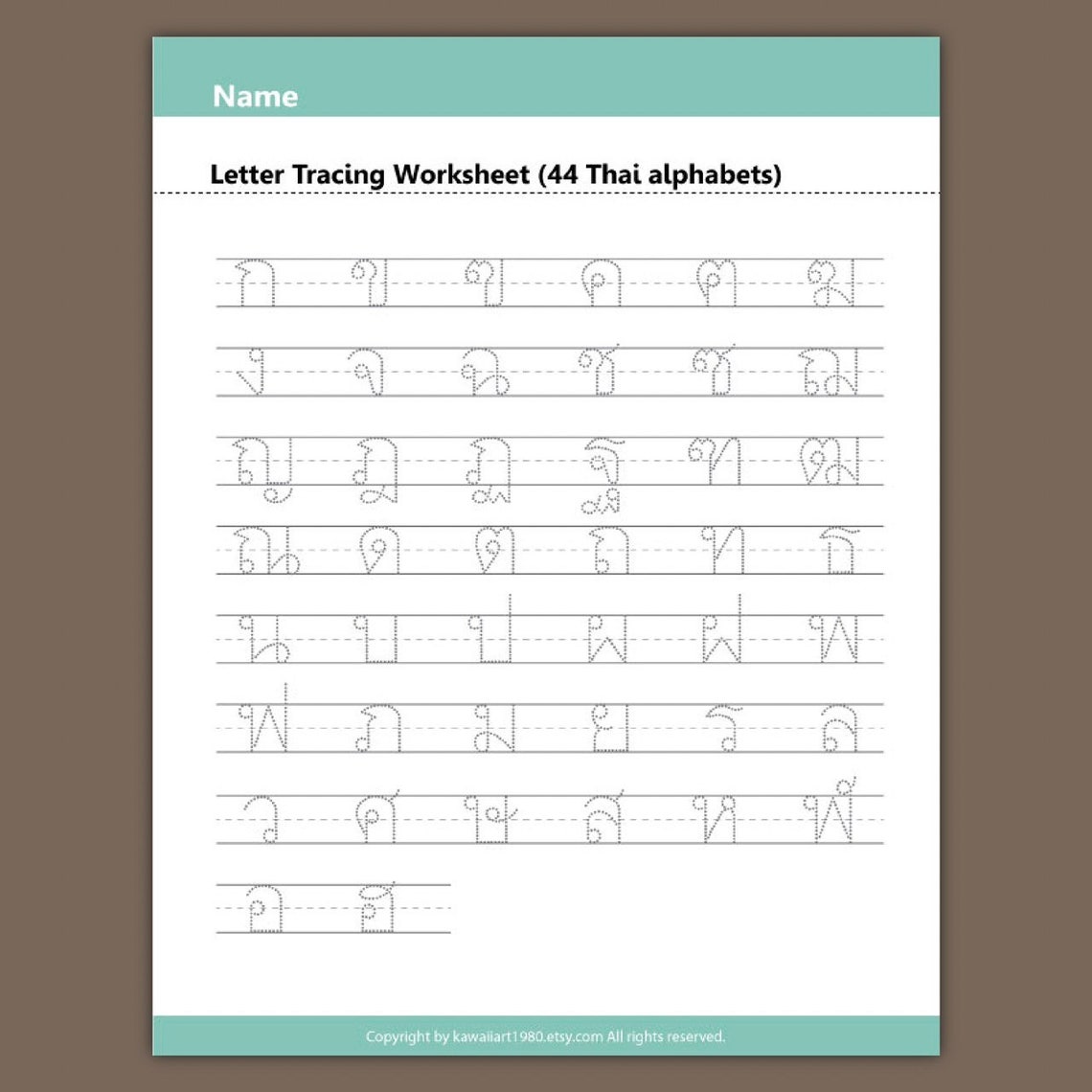 Thai Alphabets & Vowels Tracing Worksheet, Printable PDF, Instant ...