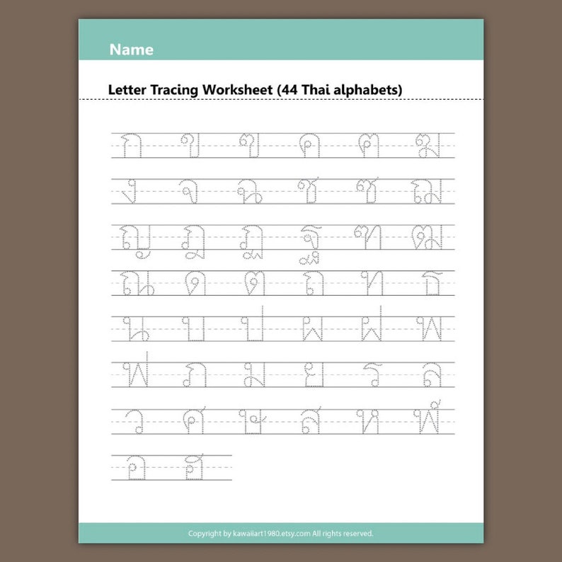 Thai Alphabets & Vowels Tracing Worksheet, Printable PDF, Instant ...