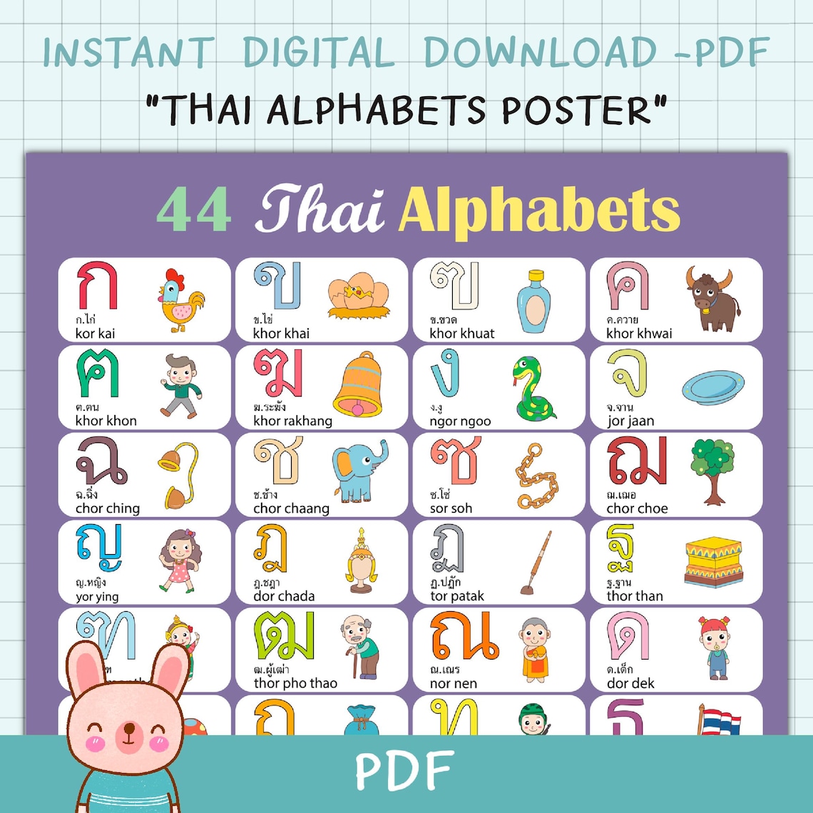 Thai Alphabets Poster, High Resolution PDF, Learning Thai, Instant ...