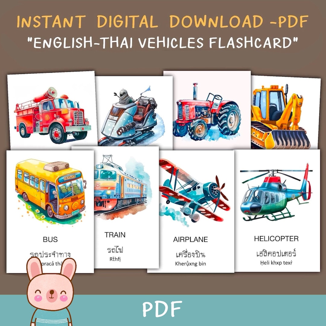 32 English-thai Vehicles Flashcards, Transportation Car Flash Cards ...