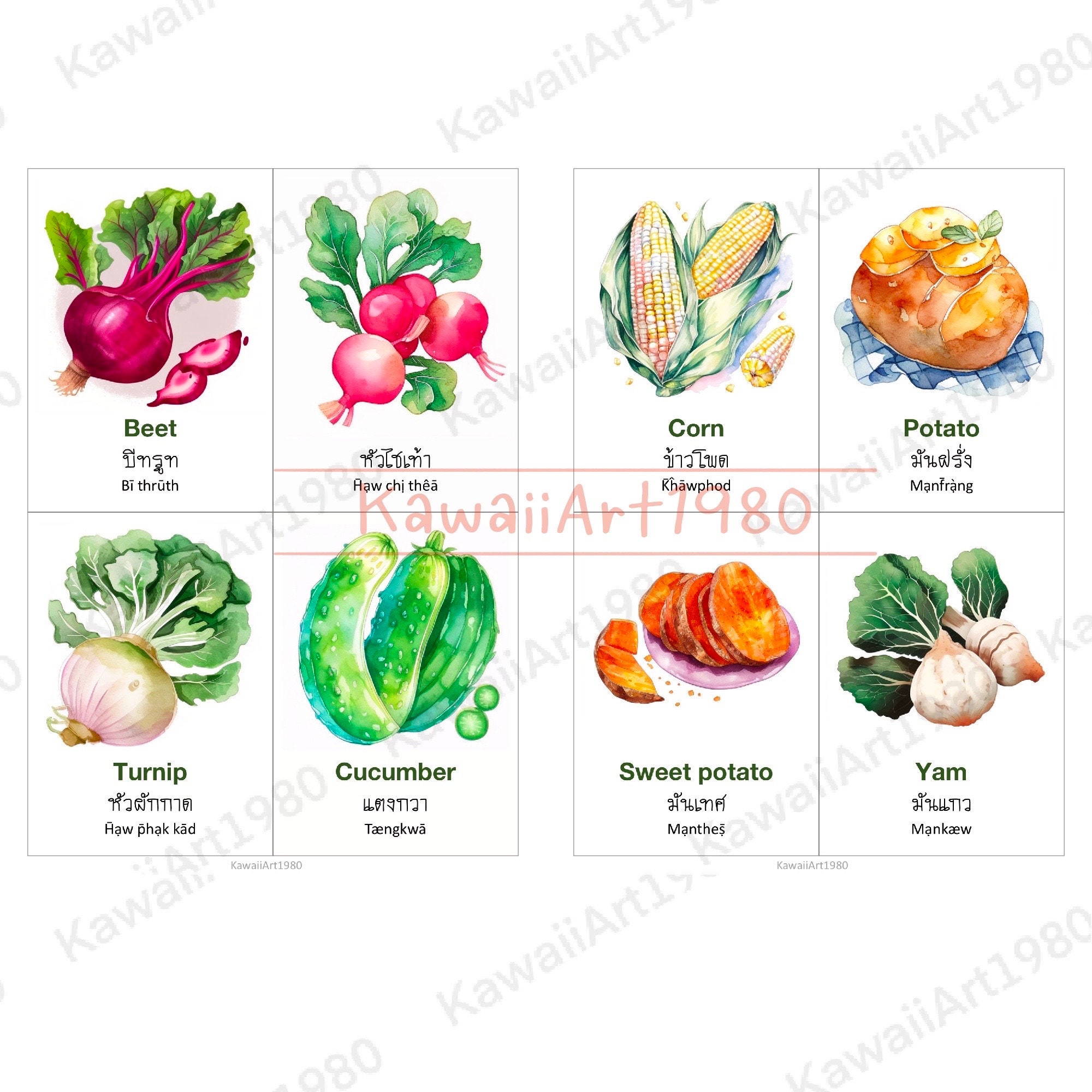 32 English-thai Vegetables Flashcard, Learning Thai, Montessori ...