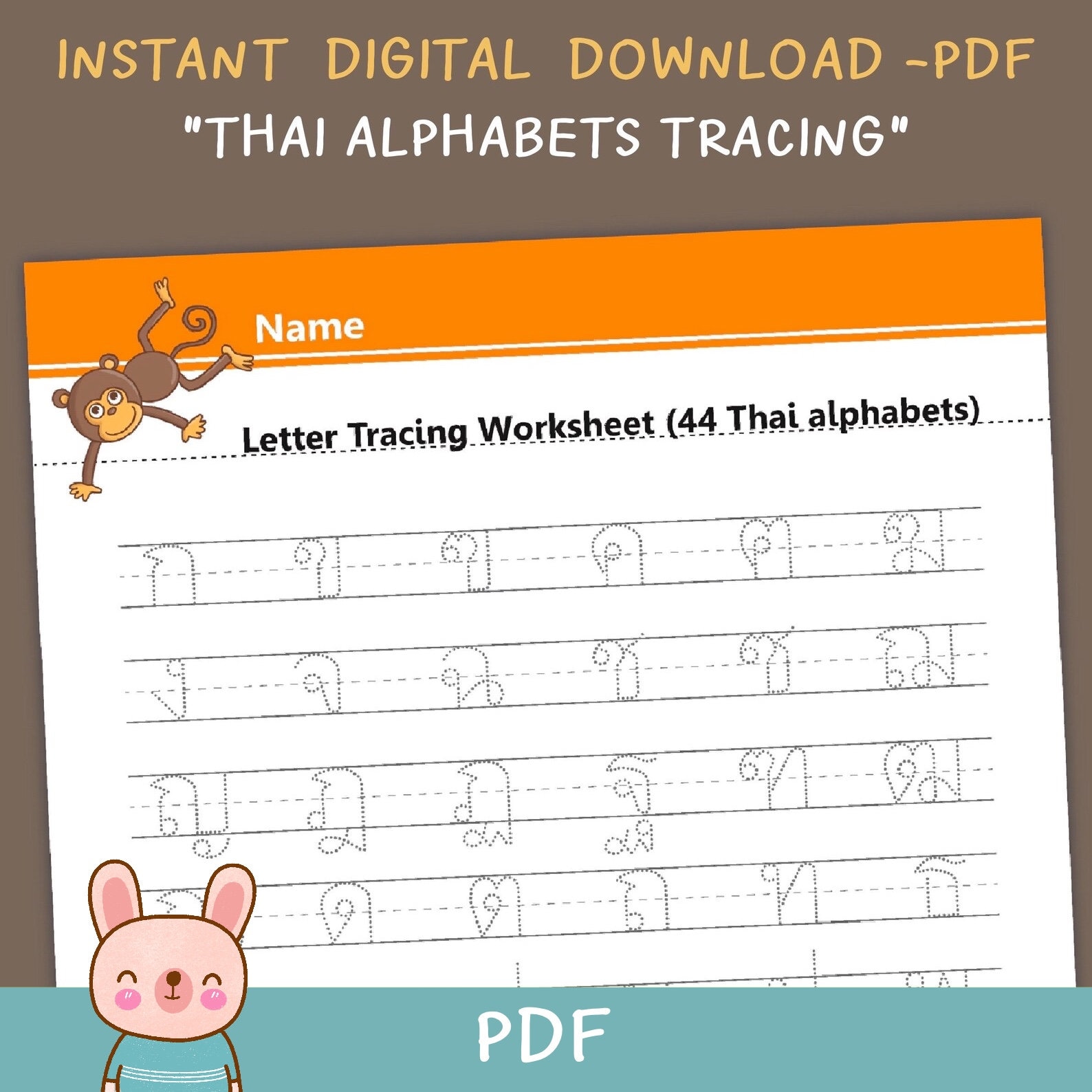 Thai Alphabets Letters Tracing Worksheet, Printable PDF, Instant ...