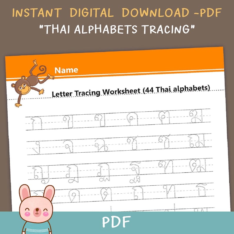 Thai Alphabets Letters Tracing Worksheet, Printable PDF, Instant ...
