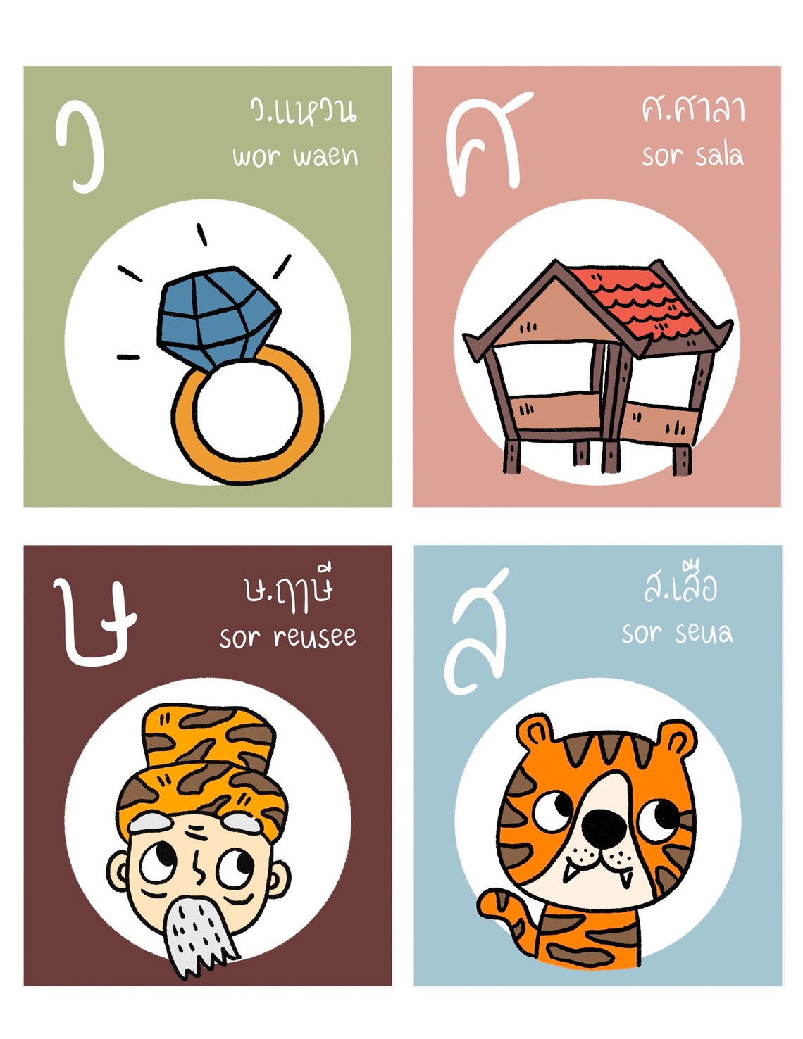 Thai Letters Flash Card With Cute Picture, Learning Thai, Kor-kai, Thai ...