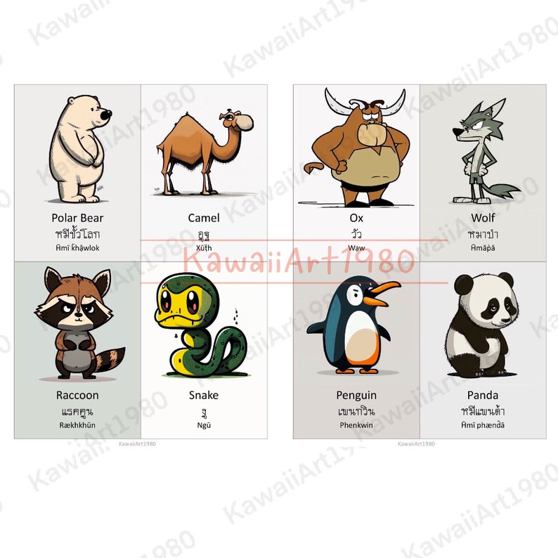 32 English-thai Animals Flash Cards, Printable Kindergarten Animal ...
