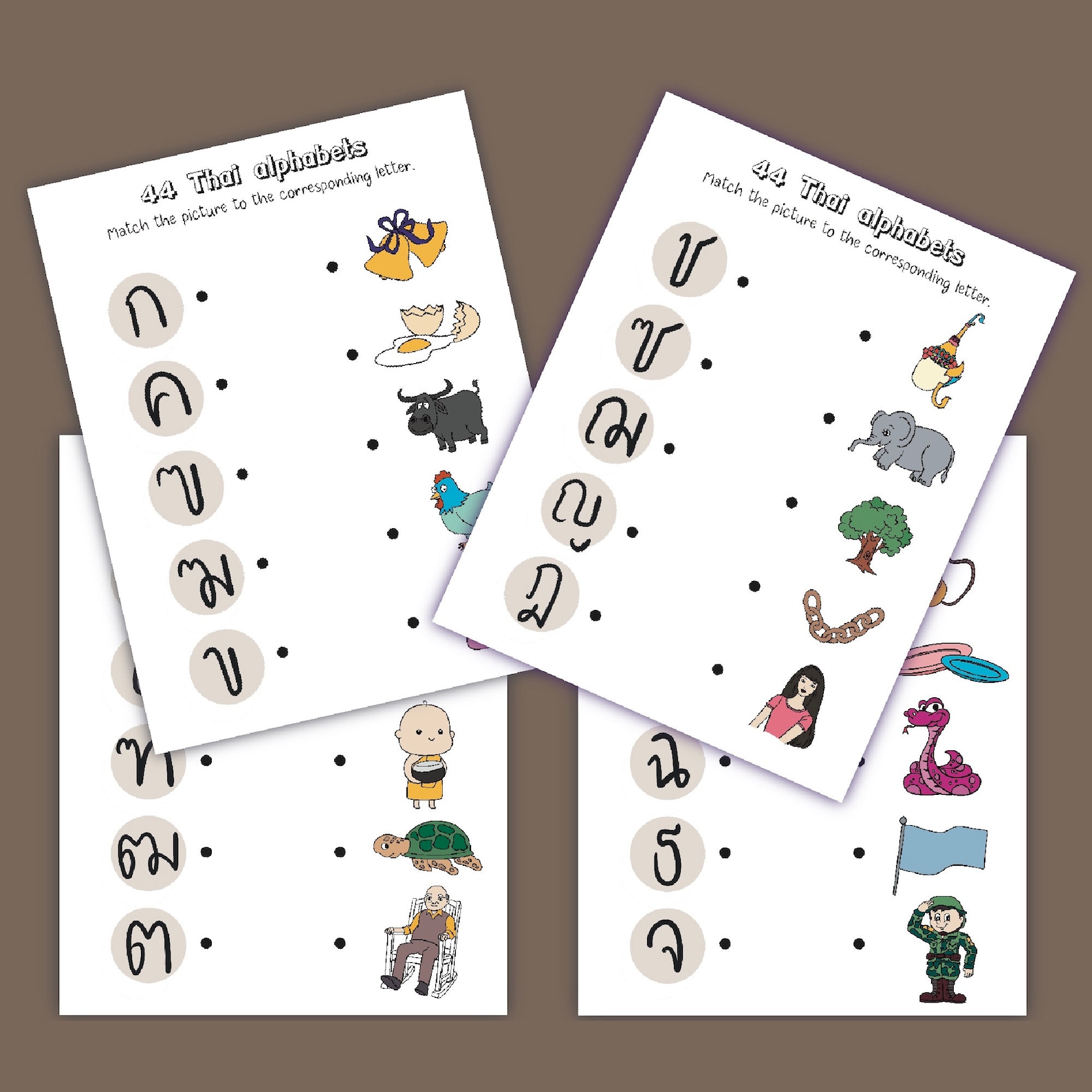 Thai Alphabet, Picture Matching to Letter, Game Worksheet, 44 Alphabets ...
