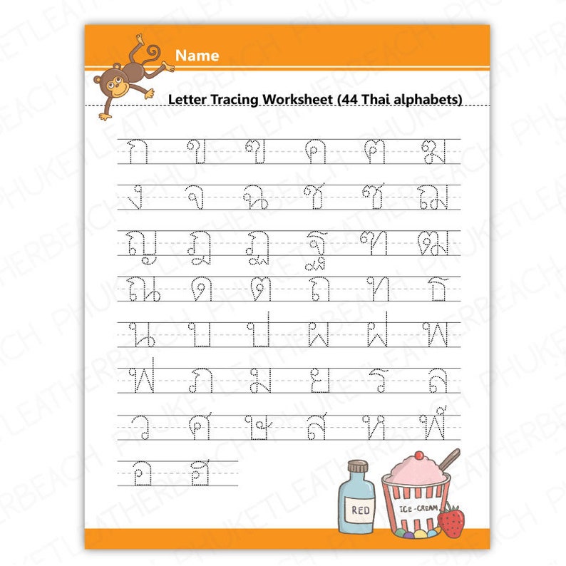 Thai Alphabets Letters Tracing Worksheet, Printable PDF, Instant ...