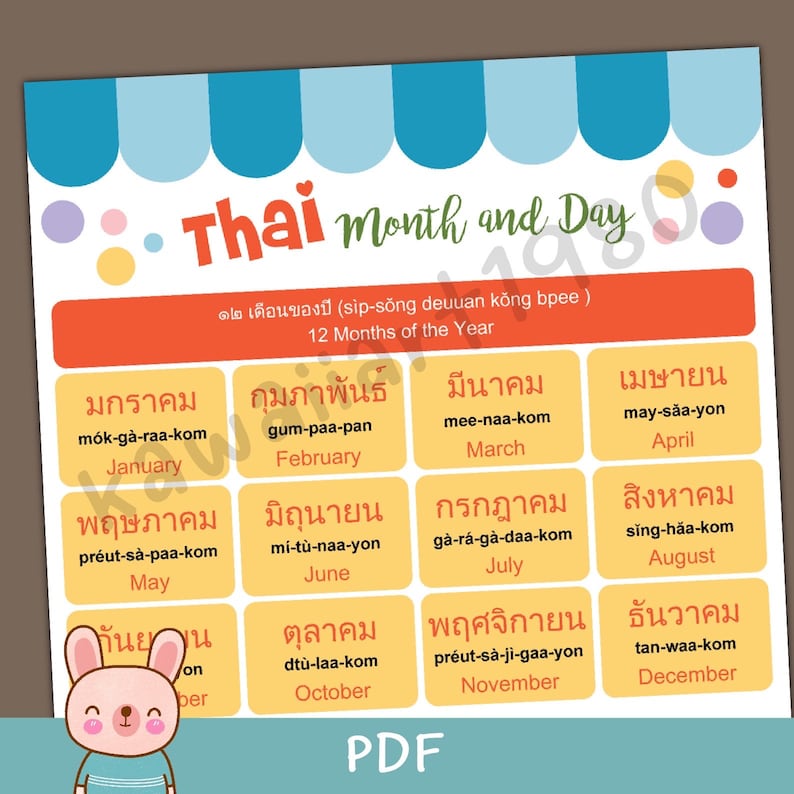 Thai 12 Months and 7 Days Poster, Learning Thai, High Resolution PDF ...