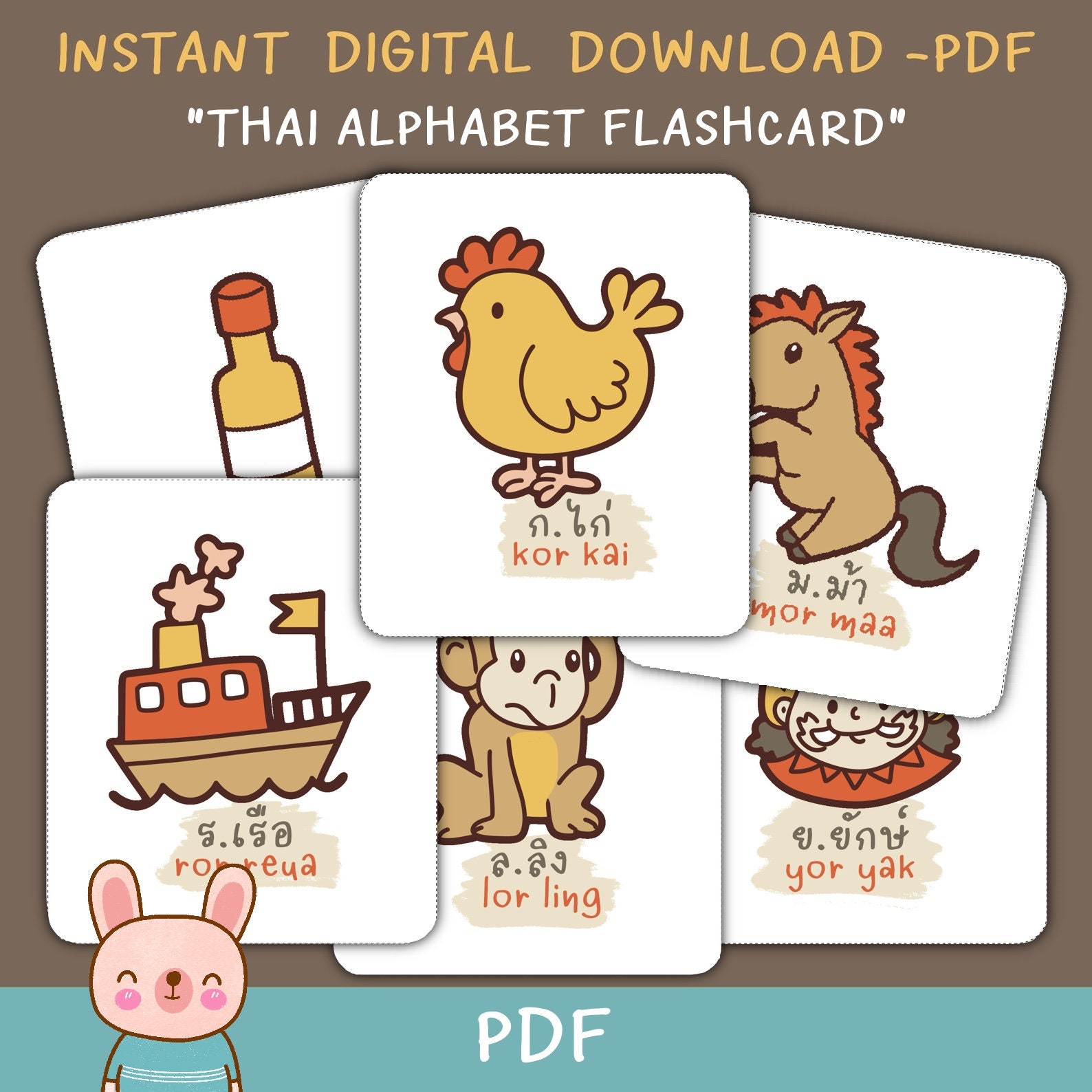 44 Thai Alphabets Flash Card With Picture, Learning Thai, Kor-kai, Thai ...