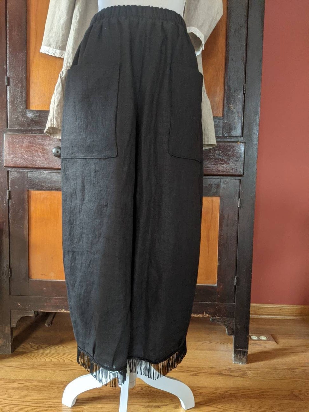 100% Linen Black Loose Fitting Bloomers Fringed Lower Hem Pantaloons ...