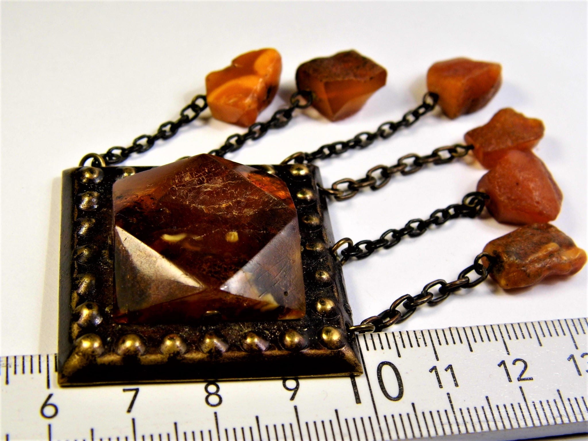 Brass brooch with Pressed Baltic Amber and natural genuine Baltic Amber ...