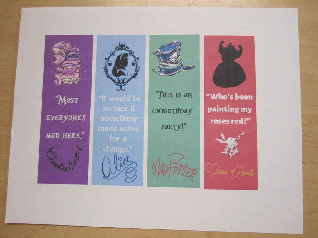 Alice Wonderland Themed Bookmarks Set of 4, Digital File, Digital ...