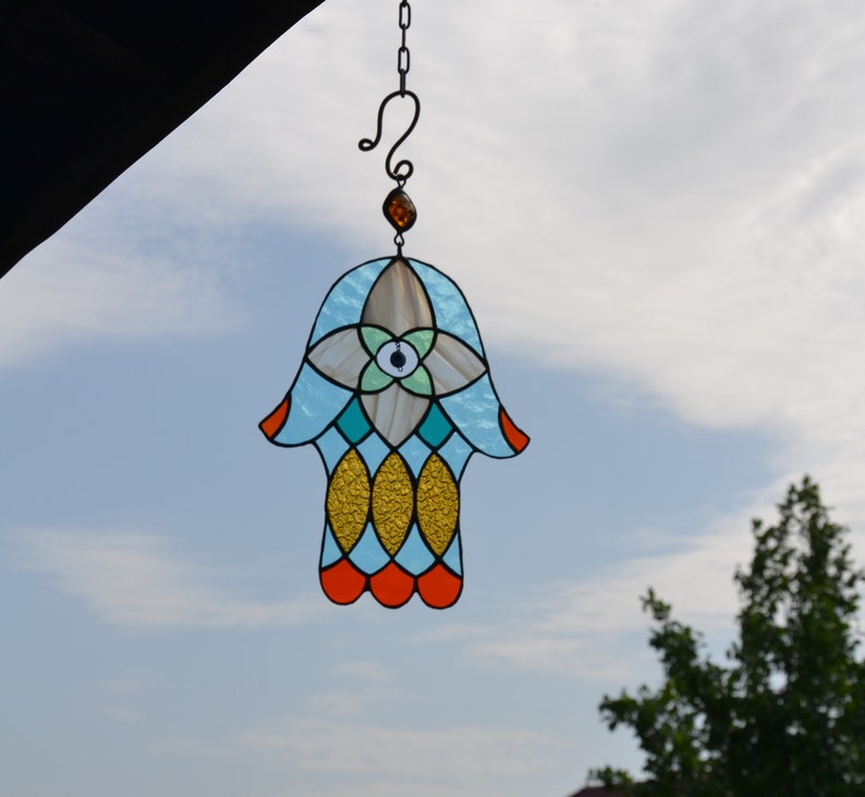 Fatima's Hand Suncatcher Hamsa Tiffany Mosaic Window Hanging Handmade ...
