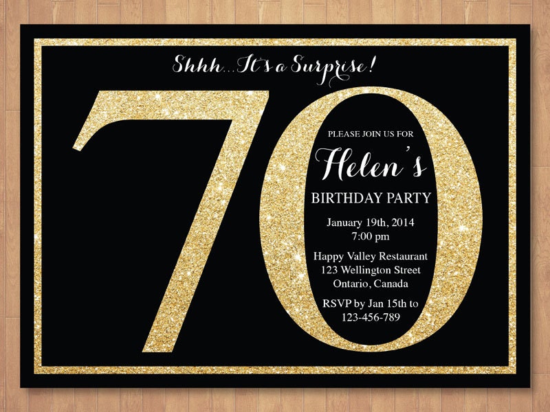 70th Birthday Invitation Gold Glitter Black And Gold Etsy