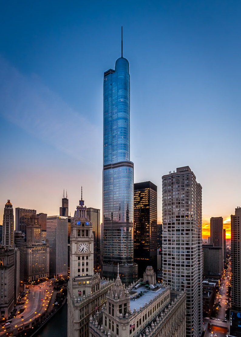 Chicago Skyline Wrigley Building Trump Tower Sunset Art Photography ...