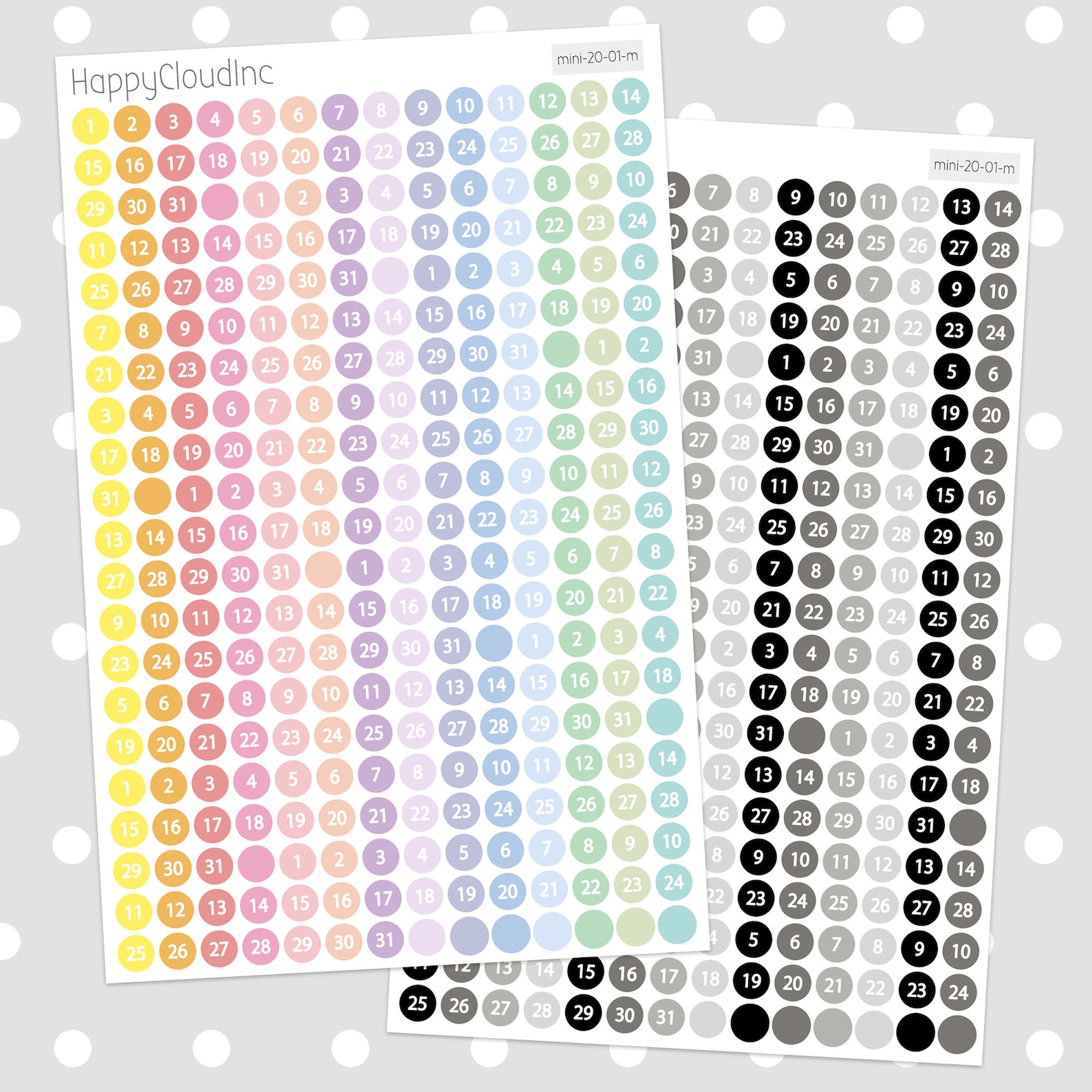 Mini Date Number Planner Stickers: Pastel Rainbow or Black & White (9 ...