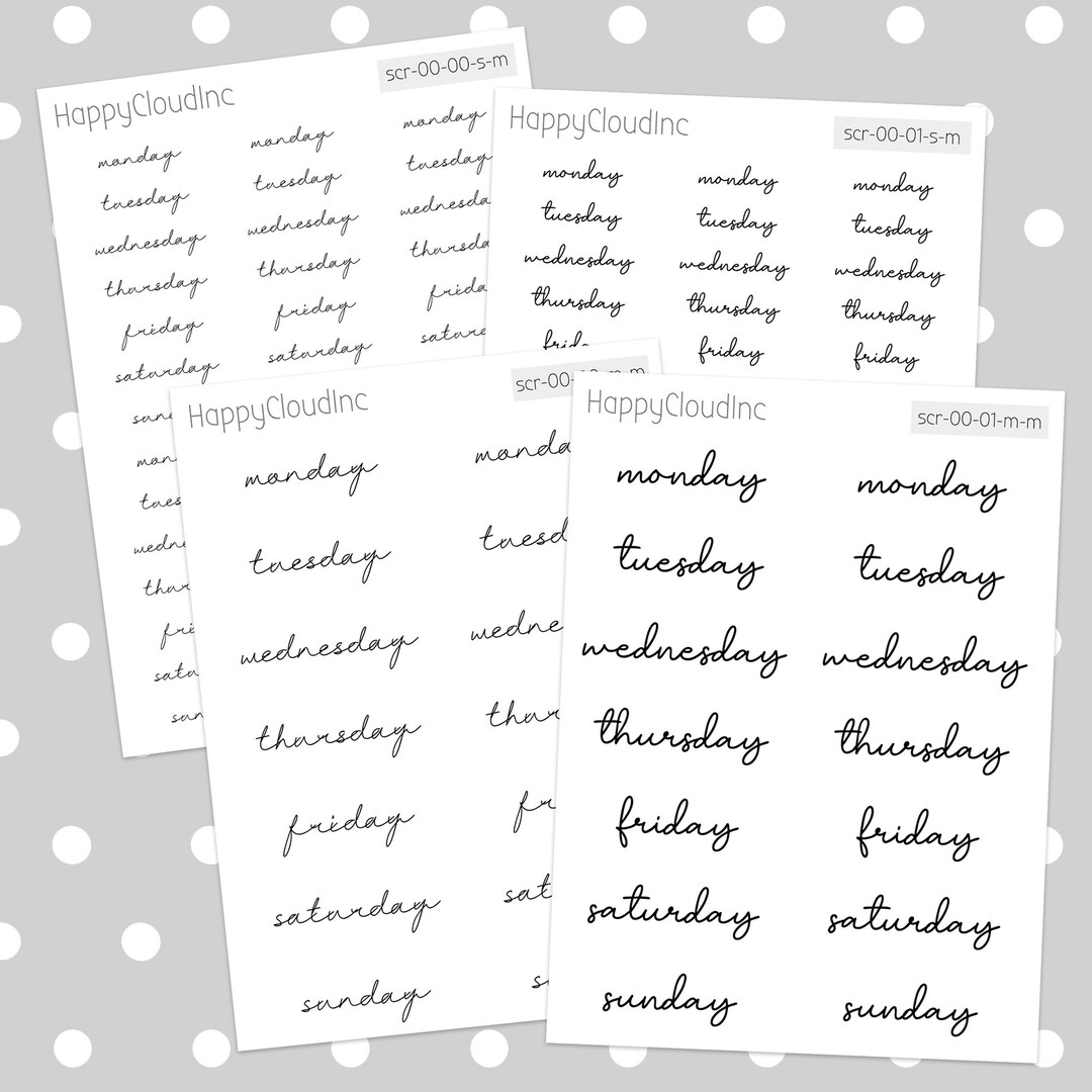 Days of the Week Script Word Planning Stickers Planner Stickers 1 Sheet ...