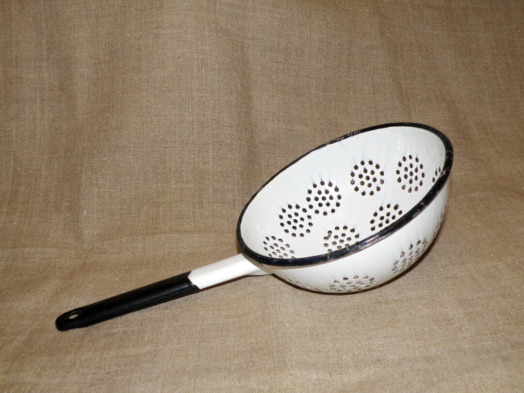 White Enameled Colander, Vintage Metal Enamel Colander, Metal Sieve ...