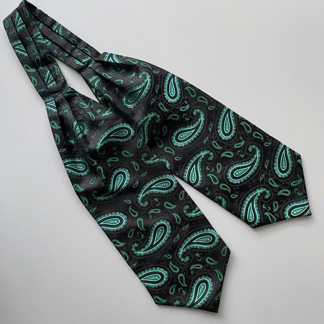 Men's Jacquard Ascot, Black Emerald Green Paisley Necktie, Baroque ...