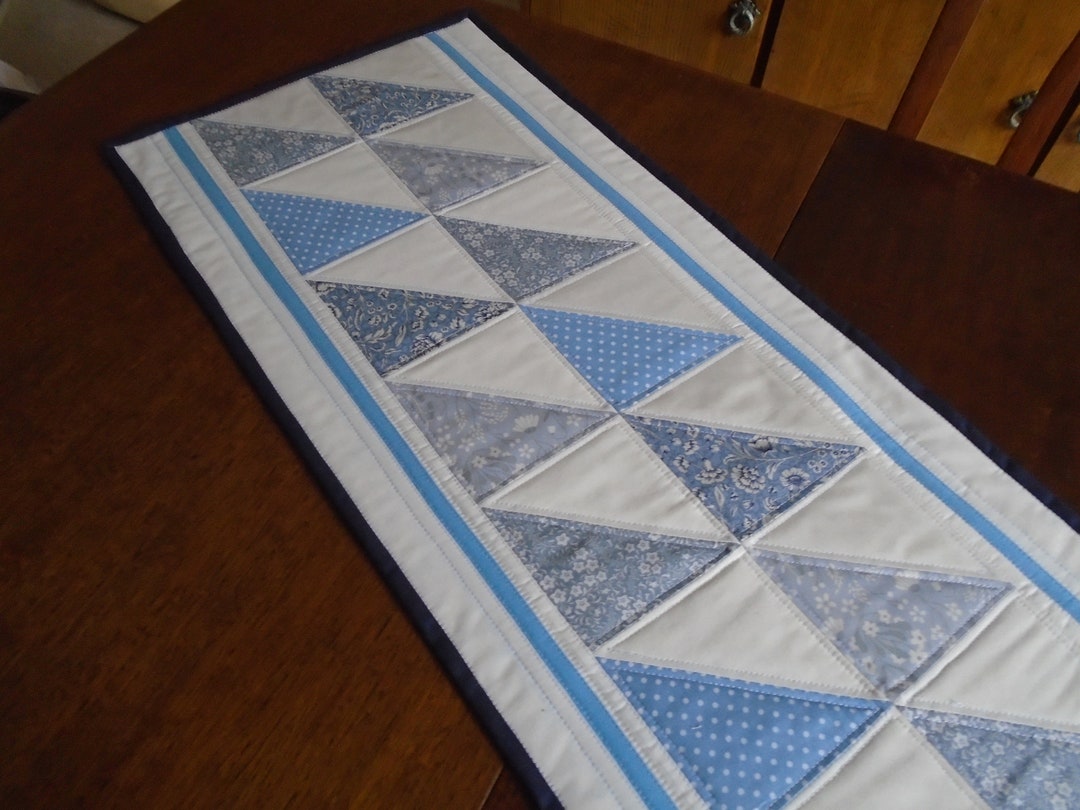 Blue & Ivory Triangle Quilted Table Runner, 13" X 40" - Etsy