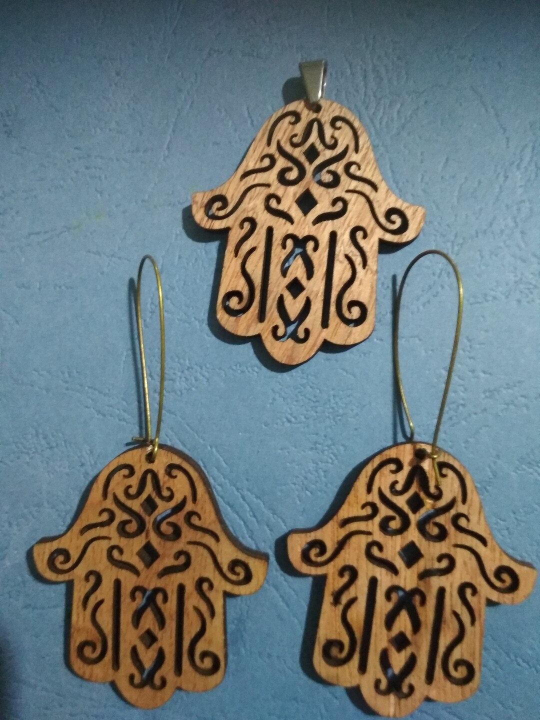 Hamsa Hand of Fatima Palm Evil Eye Protection Wood Dangle Earrings or ...