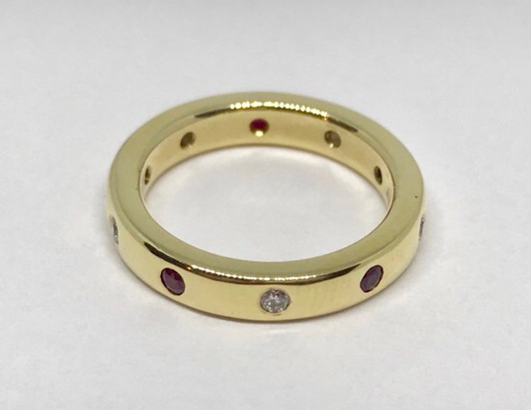 14K Yellow Gold Diamond and Ruby Band / Burnish Set - Etsy