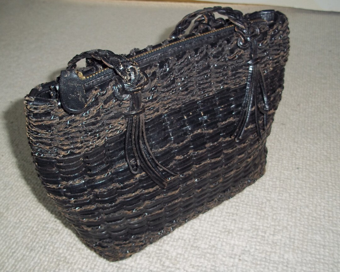 Exquisite Vintage MONSAC ORIGINAL Small Black Leather & Basketweave ...