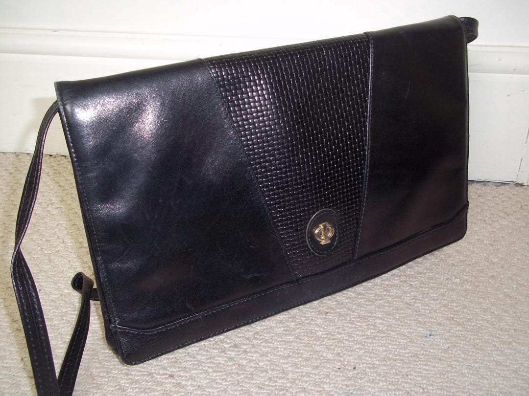 Vintage Black Italian Leather Shoulder Bag, Large Statement Clutch ...