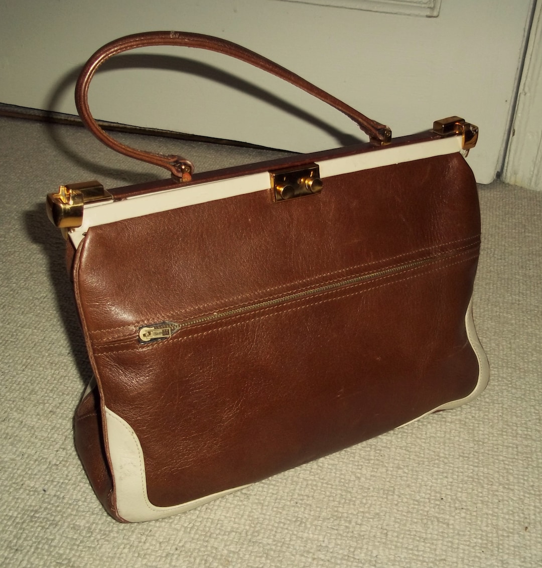 Vintage 1960's Tan & Cream Leather Handbag, Gladstone Bag, Top Handle ...