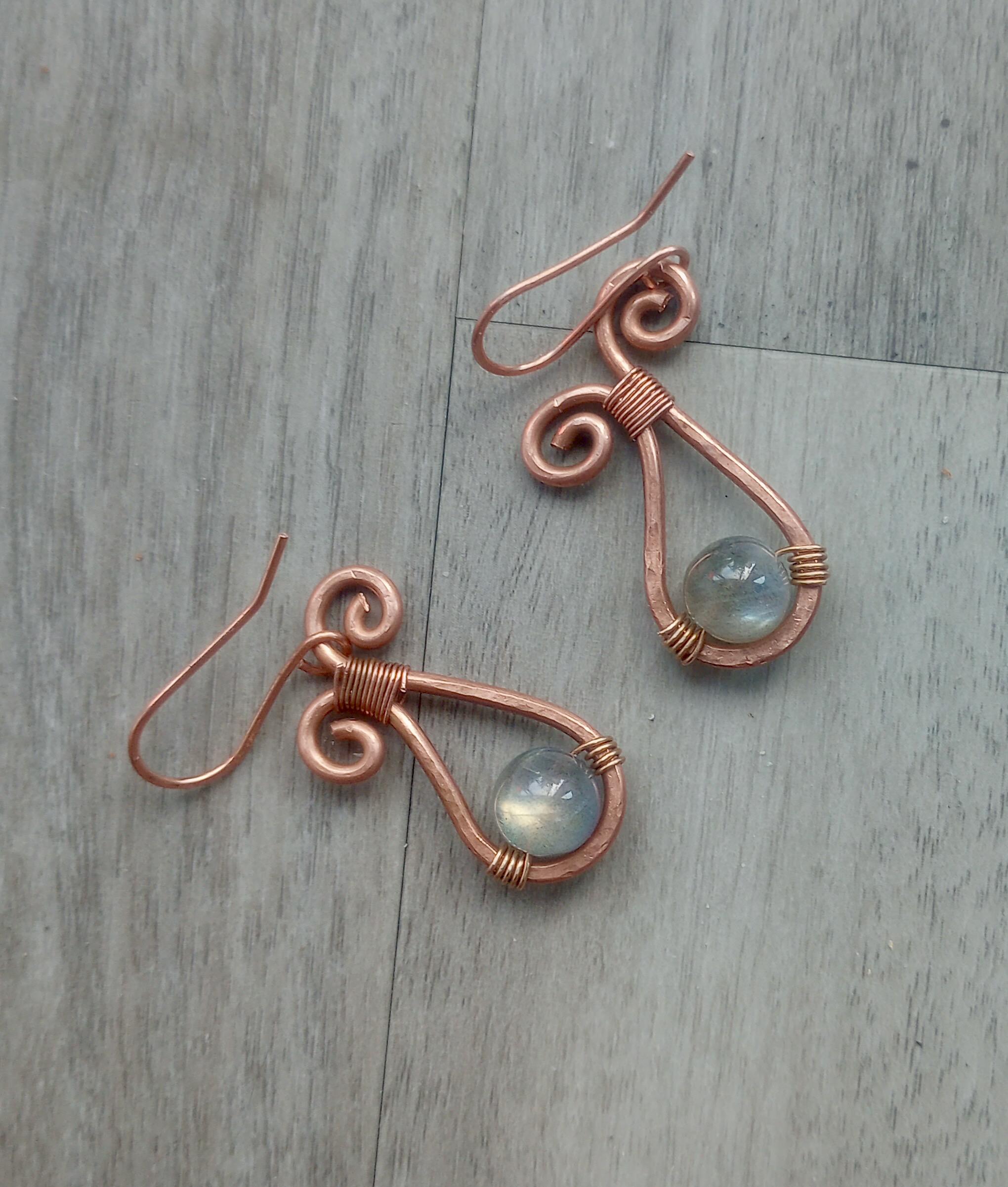 Hammered Copper Wire Wrapped Earrings: Rainbow Moonstone Dangle - Etsy
