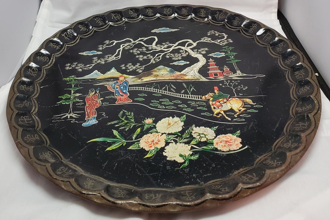 Vintage Lithographed Tray With Japanese Pattern, Round Black Metal Tray ...