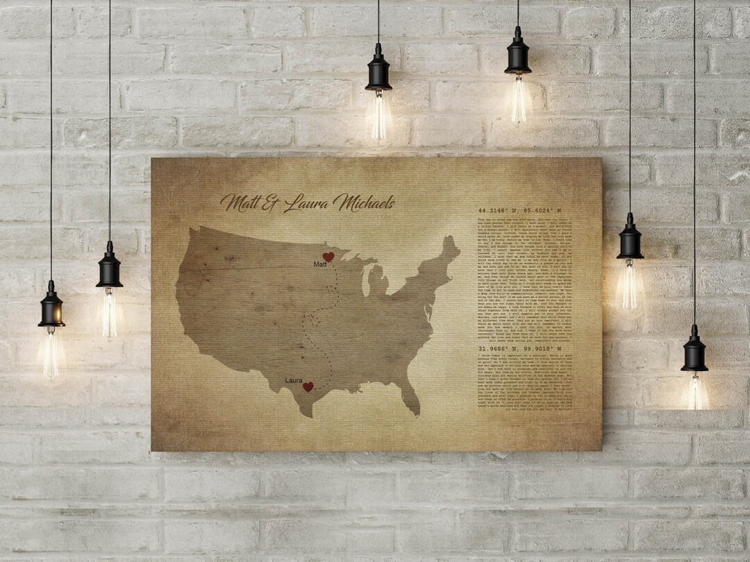 Long Distance, Map on Canvas, , Custom, Coordinates, Wedding Vows ...