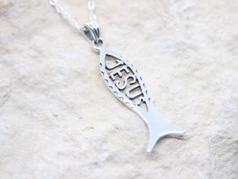 Sterling Silver Jesus Necklace, Silver Ichthys Jesus Fish Necklace ...