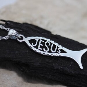 Sterling Silver Jesus Necklace, Silver Ichthys Jesus Fish Necklace ...