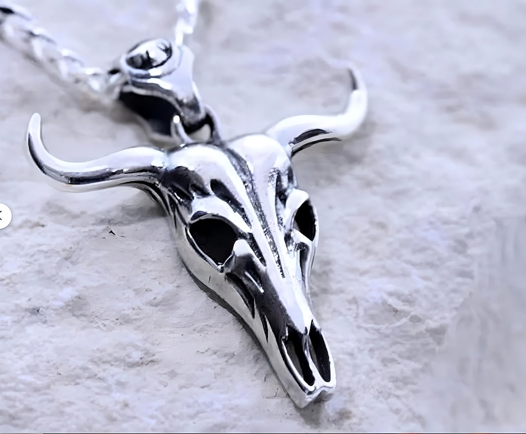 925 Sterling Silver Bull Skull Necklace, Silver Mens Bull Skull Pendant ...