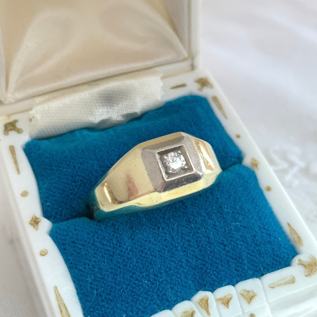 Mens 14k Italian Two Tone Gold Round Diamond Solitaire Ring, Unisex 14k ...