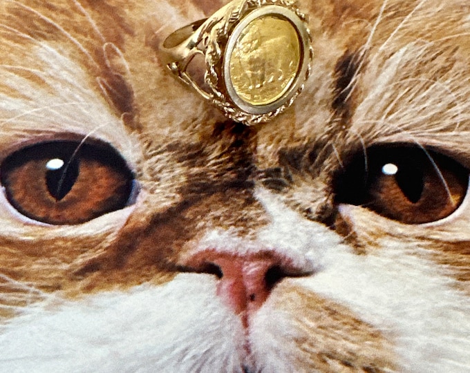 Reserved // Persian Cat Gold Coin Ring 1989 Isle of Man in 14K Yellow ...